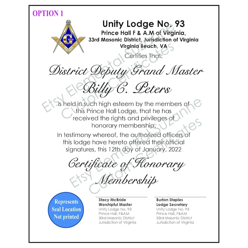 OES Honorary Member Certificate Eastern Star Fraternal | Etsy