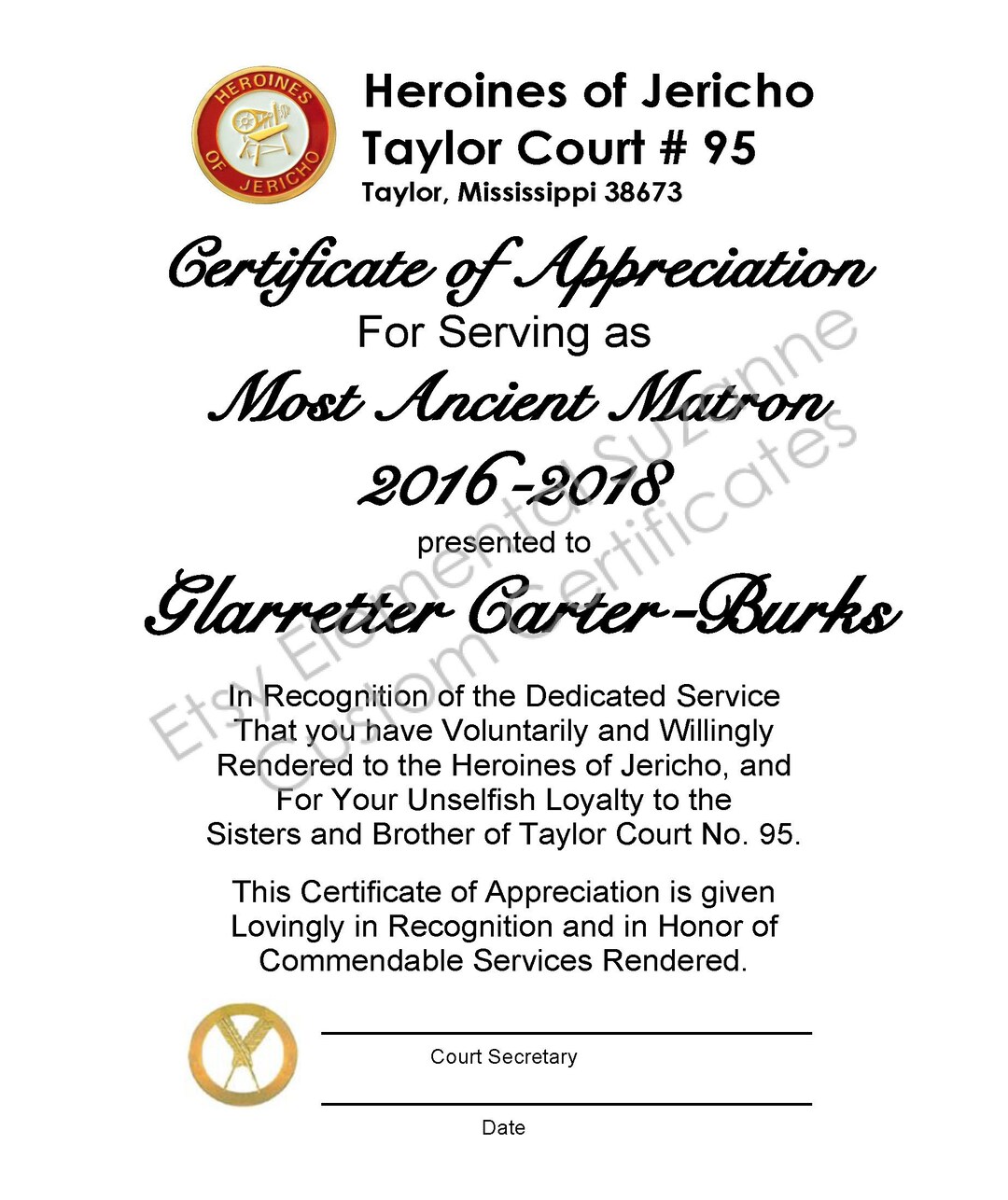 Heroines of Jericho Certificate of Appreciation Past Most Ancient ...