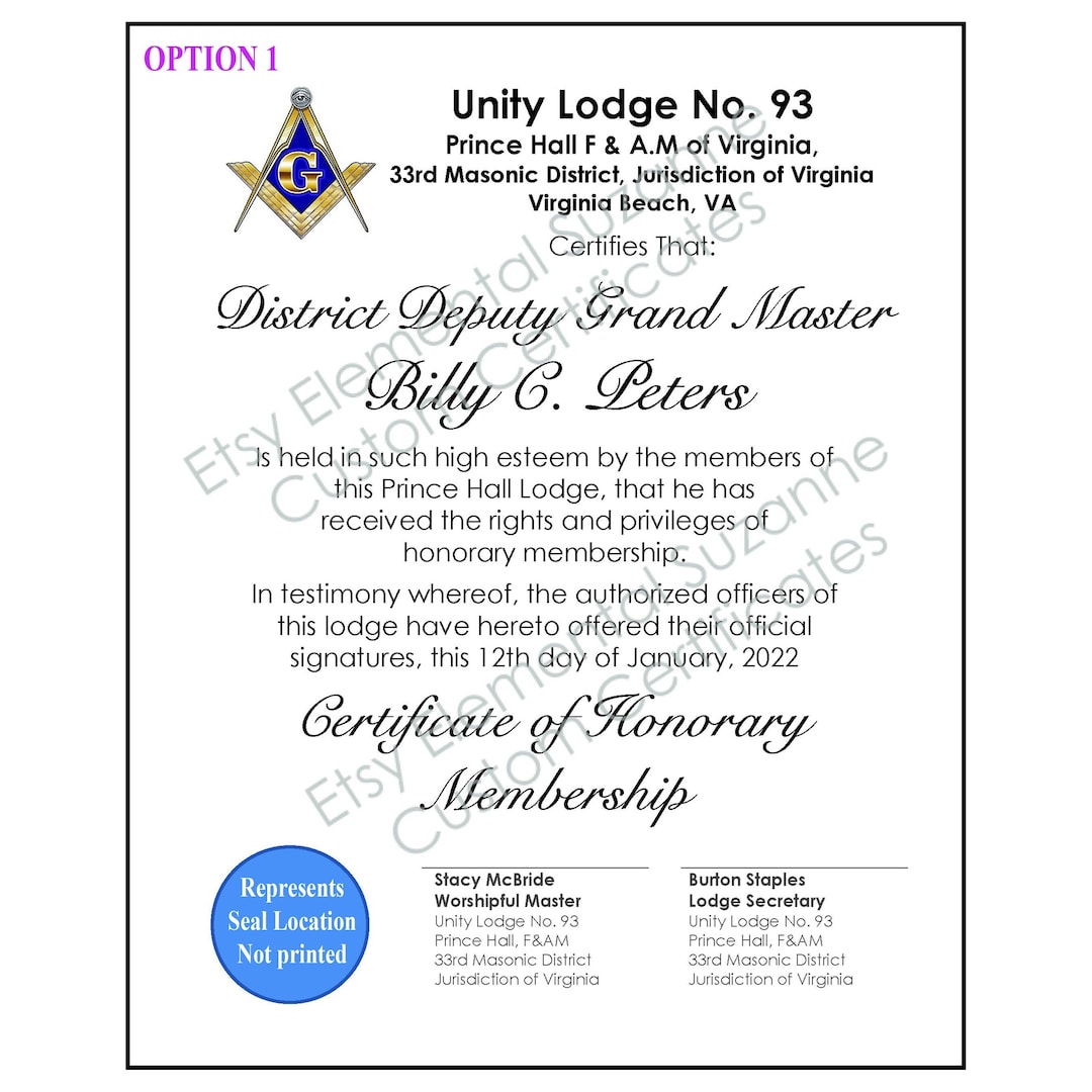 Masons Honorary Member Certificate Freemasons - Etsy