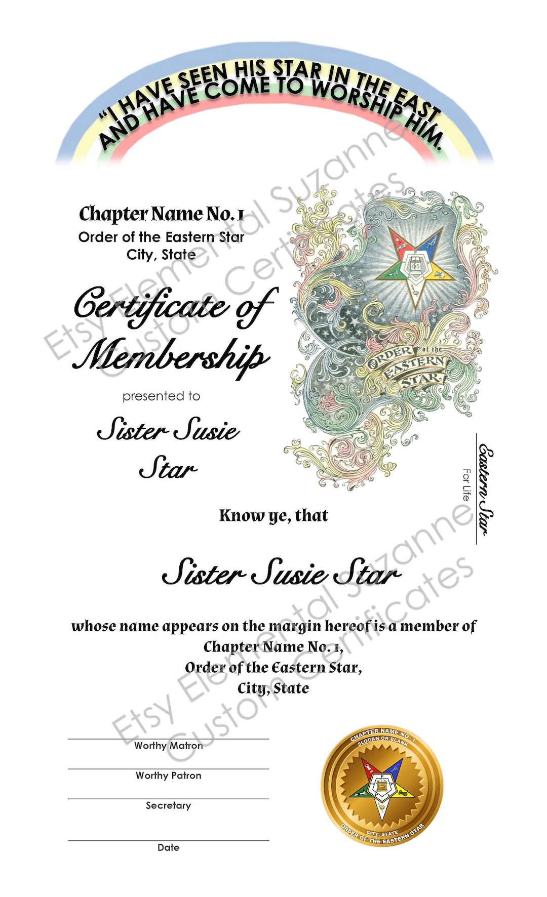 Vintage OES Membership Certificate Eastern Star - Etsy