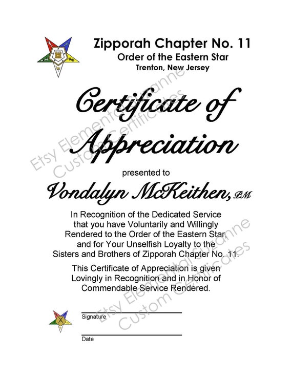 OES Certificate of Appreciation Eastern Star - Etsy
