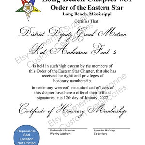 OES Honorary Member Certificate Eastern Star Fraternal - Etsy