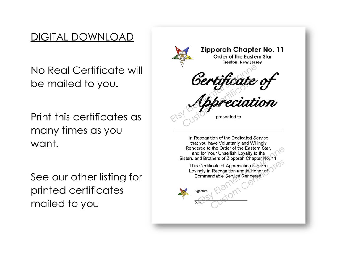 OES Certificate of Appreciation Eastern Star Personalized Digital ...