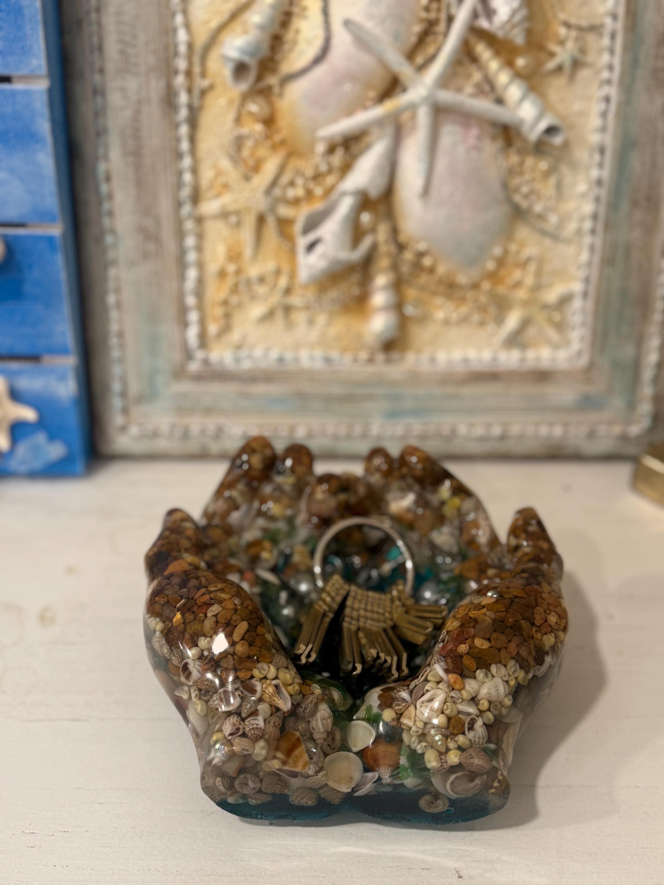Ocean Resin Hands Sculpture: Seashells, Pearls & Sea Glass - Coastal ...