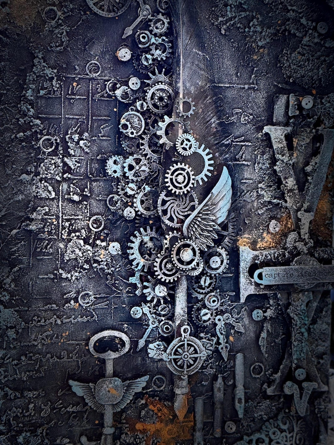 Gift, Mixed Media, Steampunk, Wall Decor , Clock Gears, Ink , Feather ...