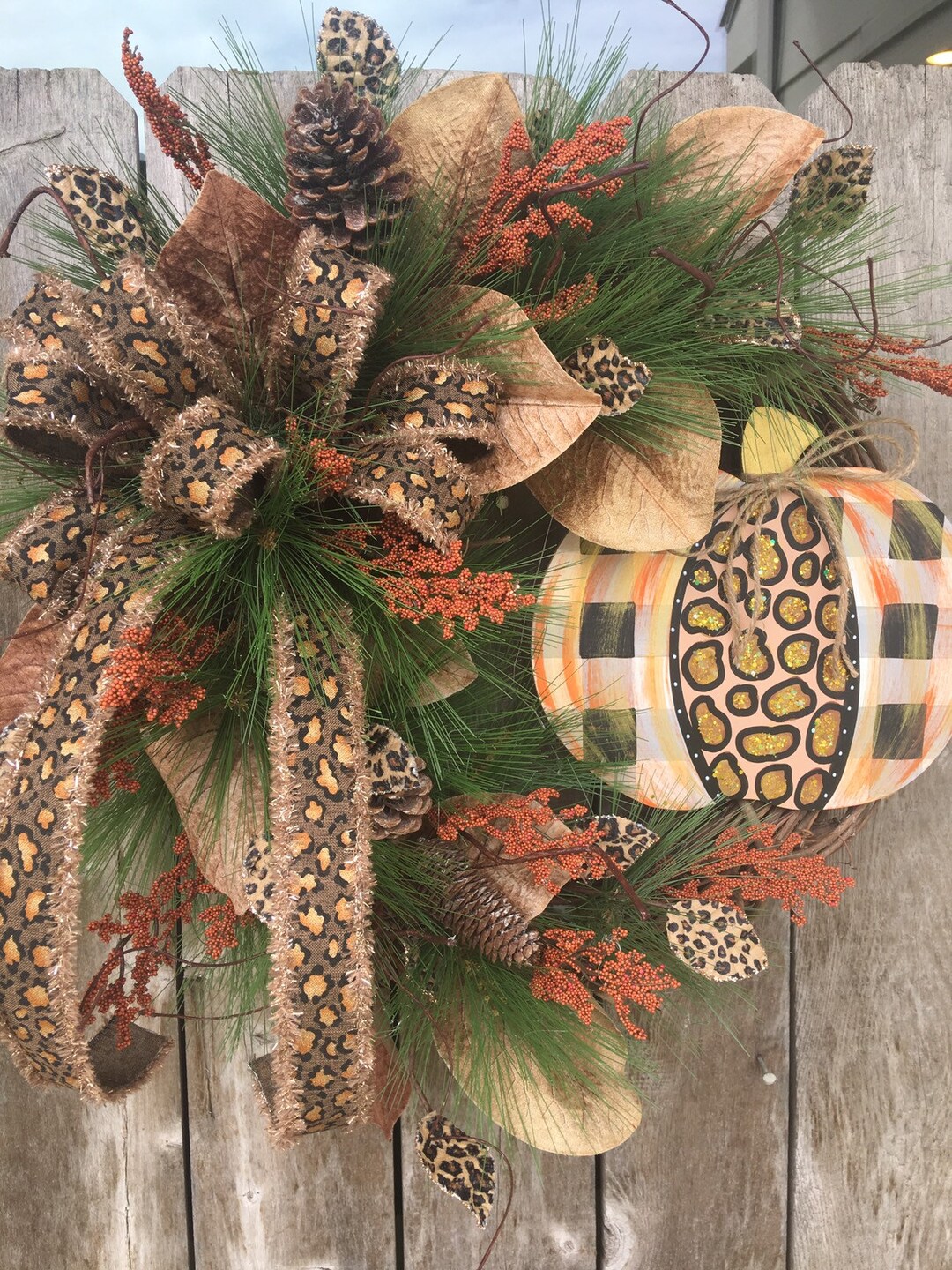 Leopard Pumpkin Fall Wreath for Front Door, Leopard Fall Decor ...
