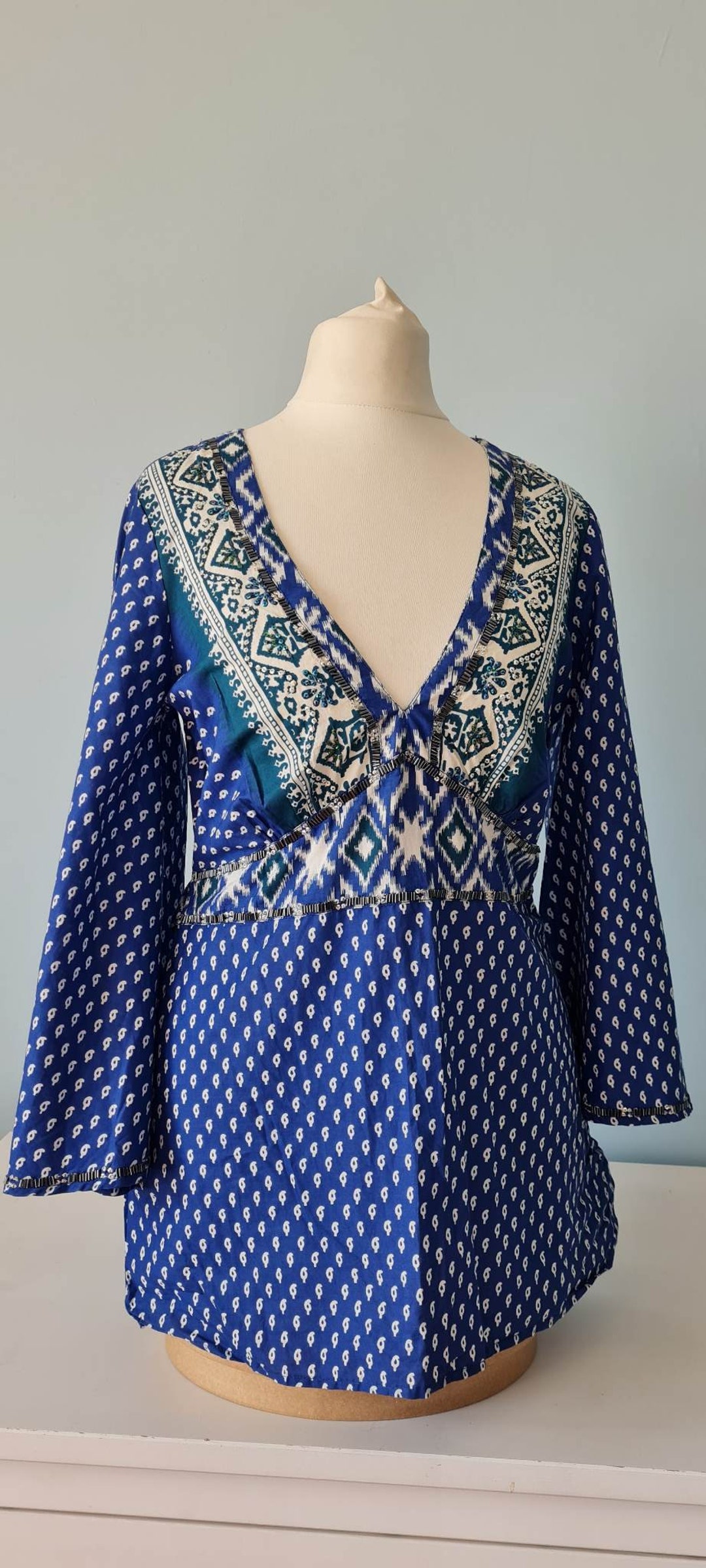 Retro Indian Tunic: Sequinned Faux Block Print, Angel Sleeves - Etsy