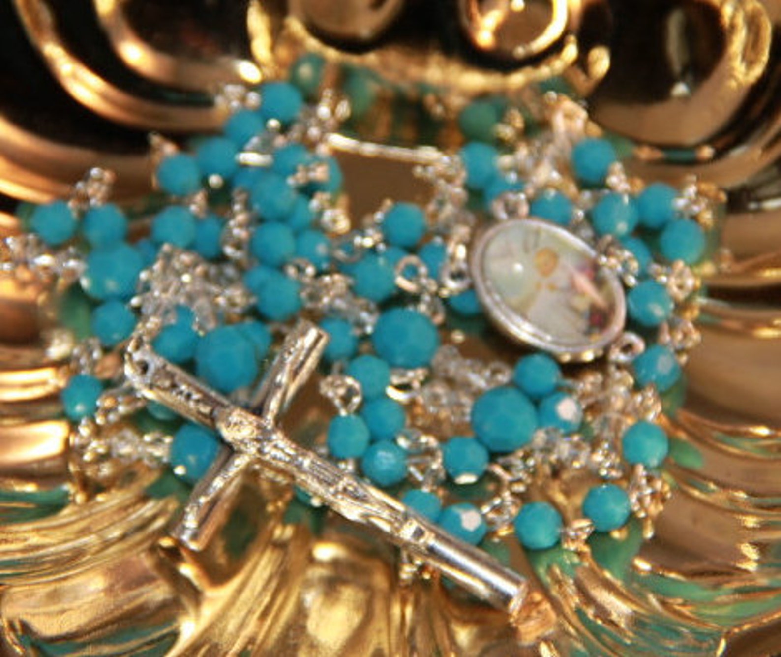 Catholic Baptism Rosary in Turquoise Swarovski Crystal and Silver - Etsy
