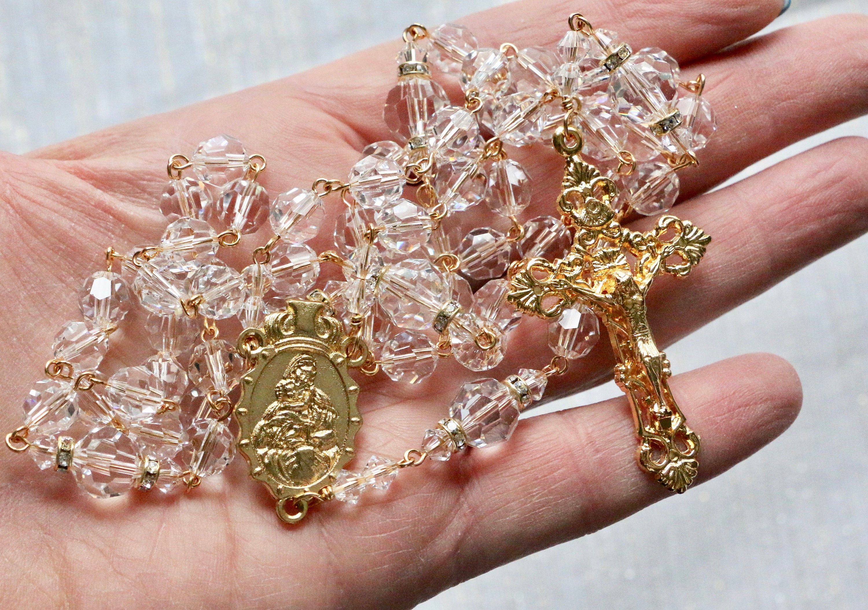 Catholic LARGE BEAD Swarovski Crystal Clear Rosary in Gold