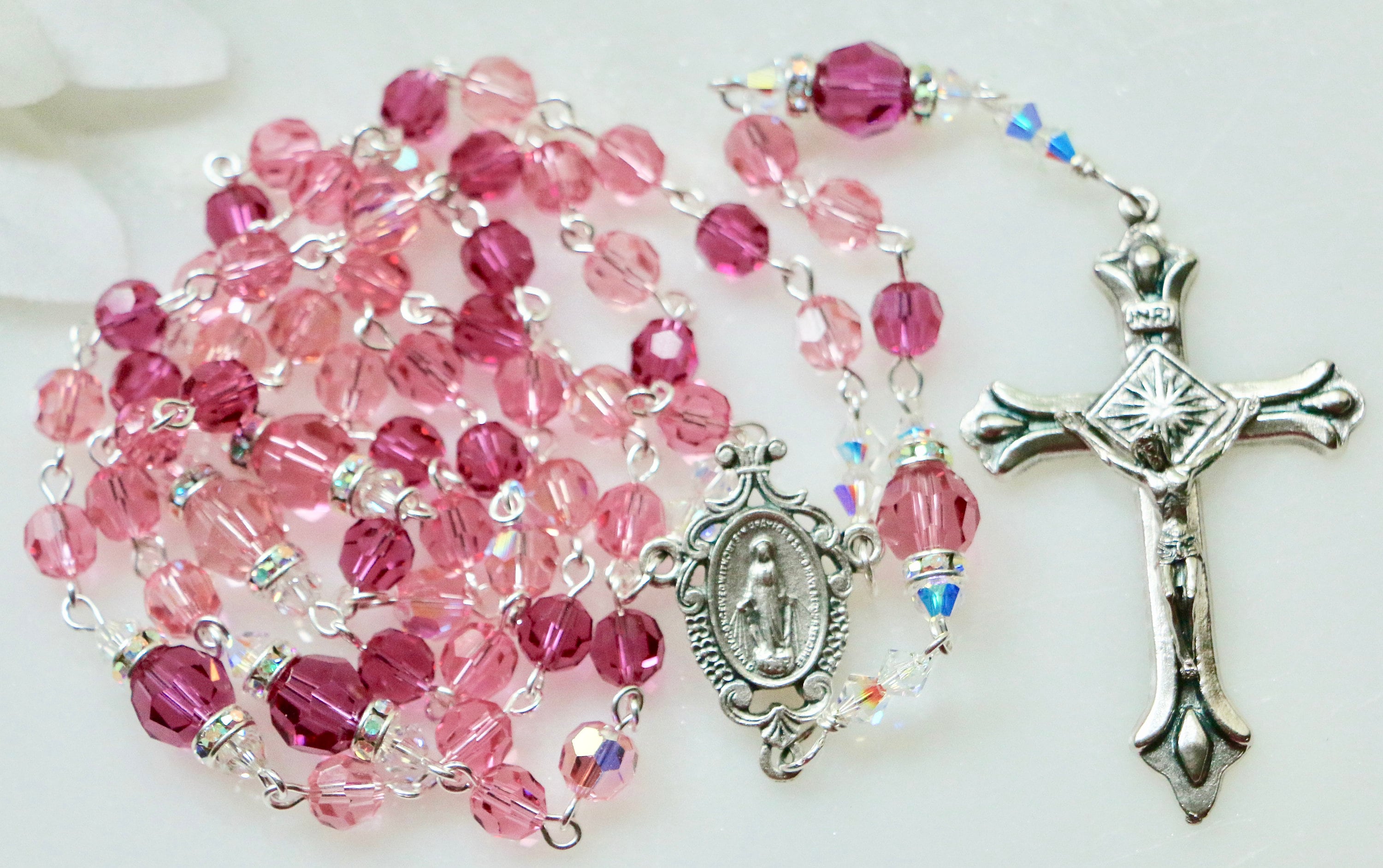 Catholic Swarovski Crystal Rosary in Pinks