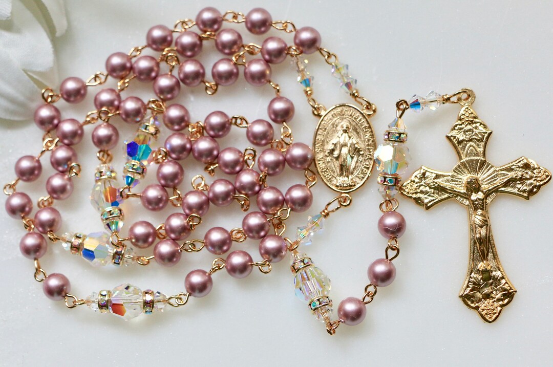 Catholic Swarovski Crystal Powder Rose Pearl Rosary in Gold - Etsy