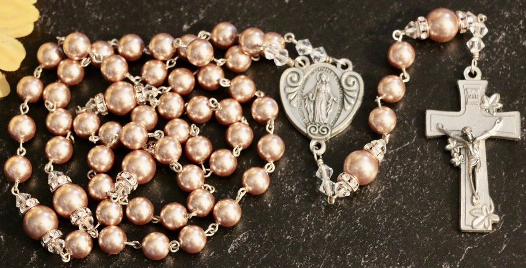 Catholic LARGE BEAD Swarovski Rose Gold Pearl Rosary in Silver - Etsy