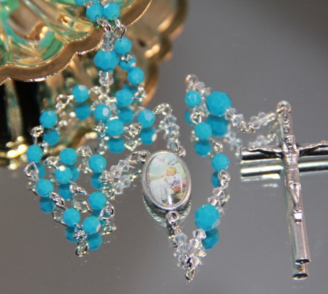 Catholic Baptism Rosary in Turquoise Swarovski Crystal and | Etsy