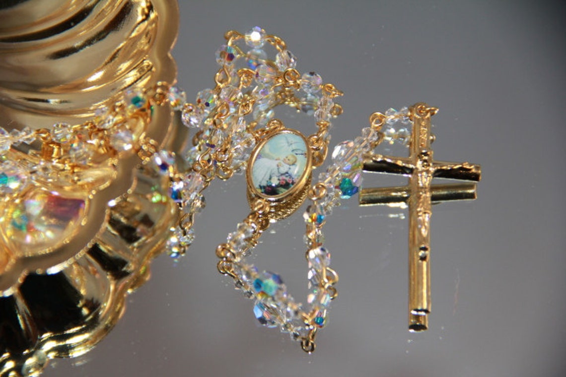Catholic SMALL Bead Baptism Rosary in AB Swarovski Crystal and - Etsy