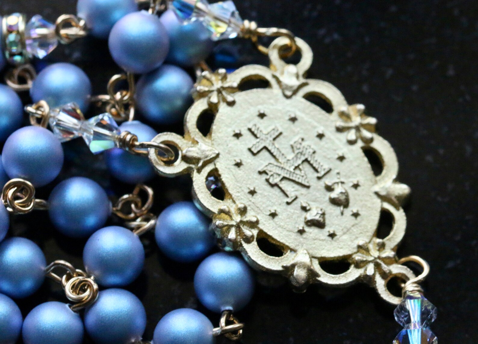 Catholic Swarovski Iridescent Light Blue Crystal Pearl Rosary in Gold ...
