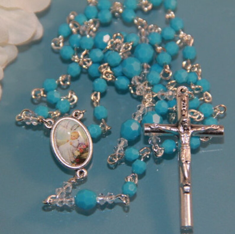 Catholic Baptism Rosary in Turquoise Swarovski Crystal and | Etsy