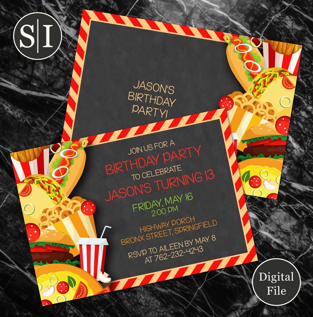Food Birthday Invitation | Pizza Burger Fries Birthday Party | Fast ...