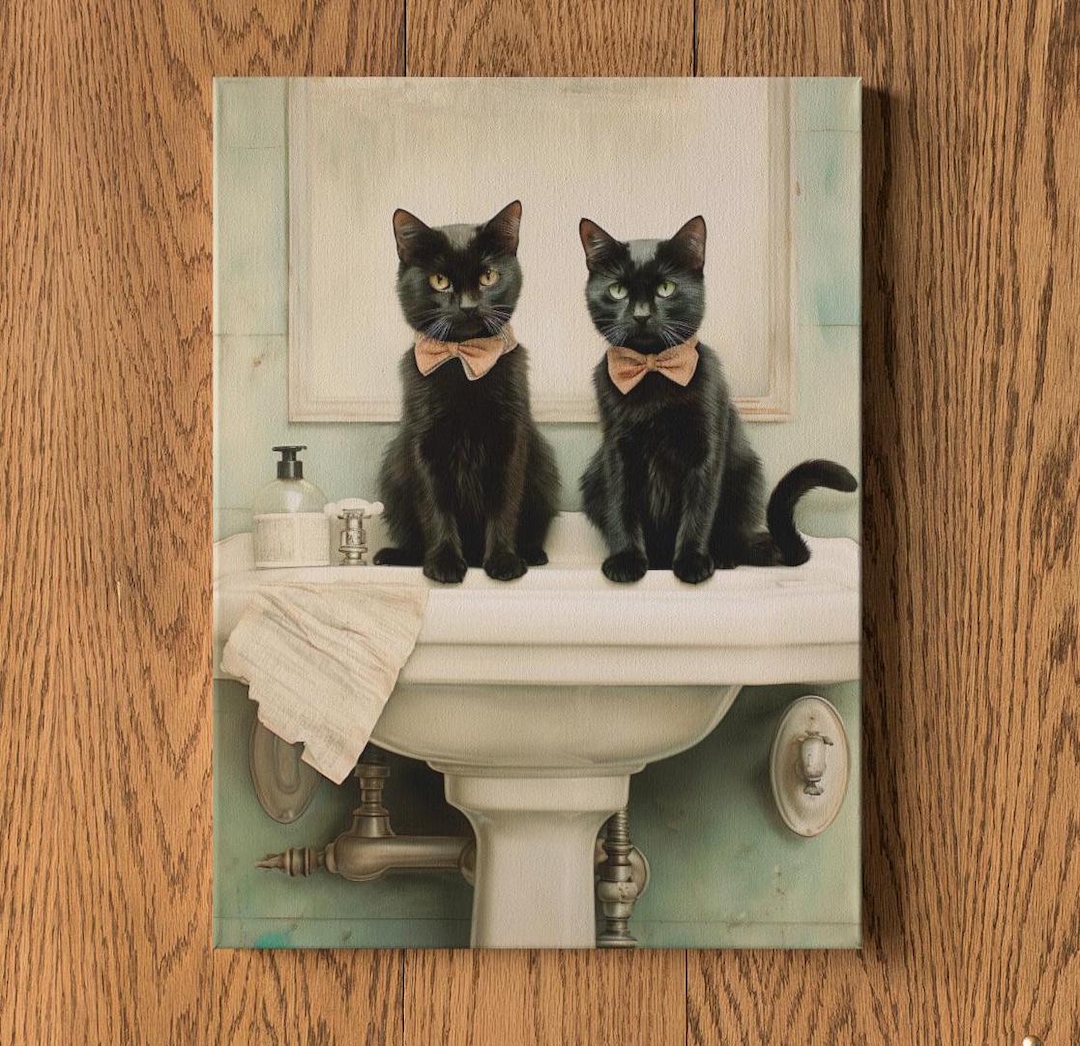 Two Cute Black Cats Sitting in Bathroom | Funny Cat Bathroom Wall Art ...