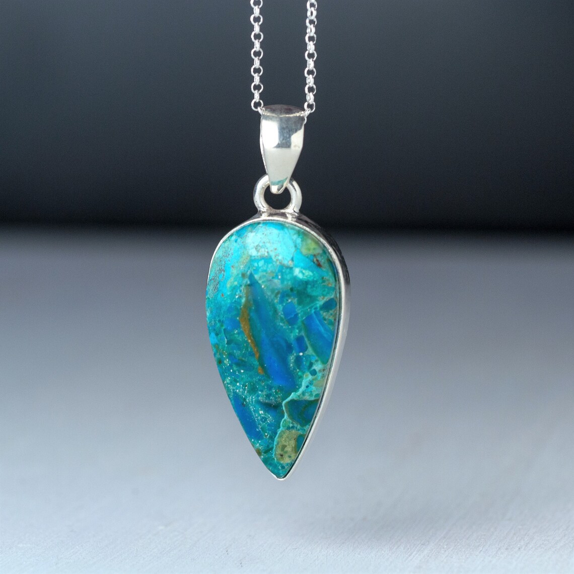 Silica Necklace Set in Sterling Silver / Blue Green Jasper Pendant ...