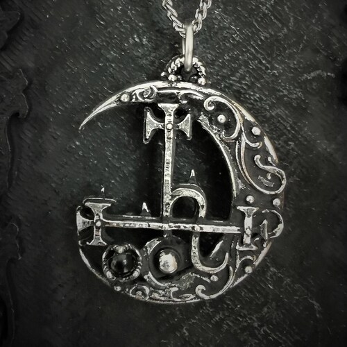 Seal of Lilith Necklace With Moon Crescent and Grey Roses - Etsy