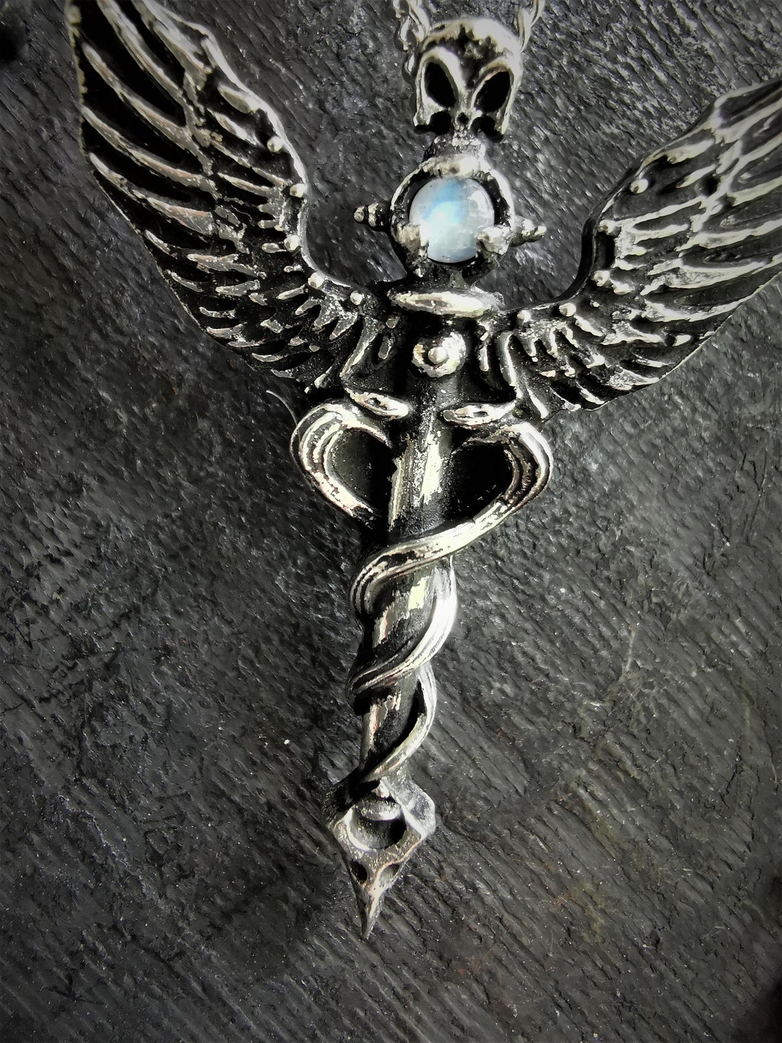 Dark Cleric Gothic Caduceus Necklace With Skull and Custom Gemstone - Etsy