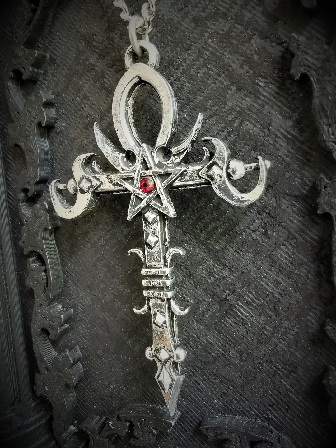 Anchronepath Gothic Ankh Pendant With Pentagram and Custom Swarovski ...