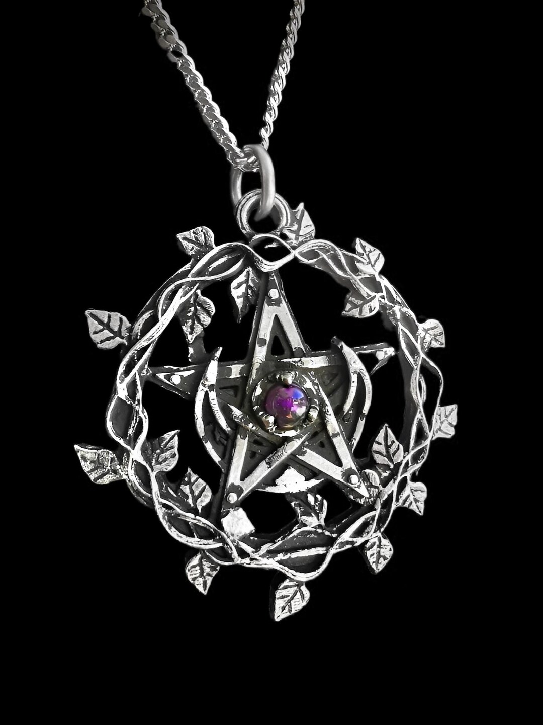 Druidic Wiccan Pentagram Necklace With Leaf Wreath and Moon, the ...