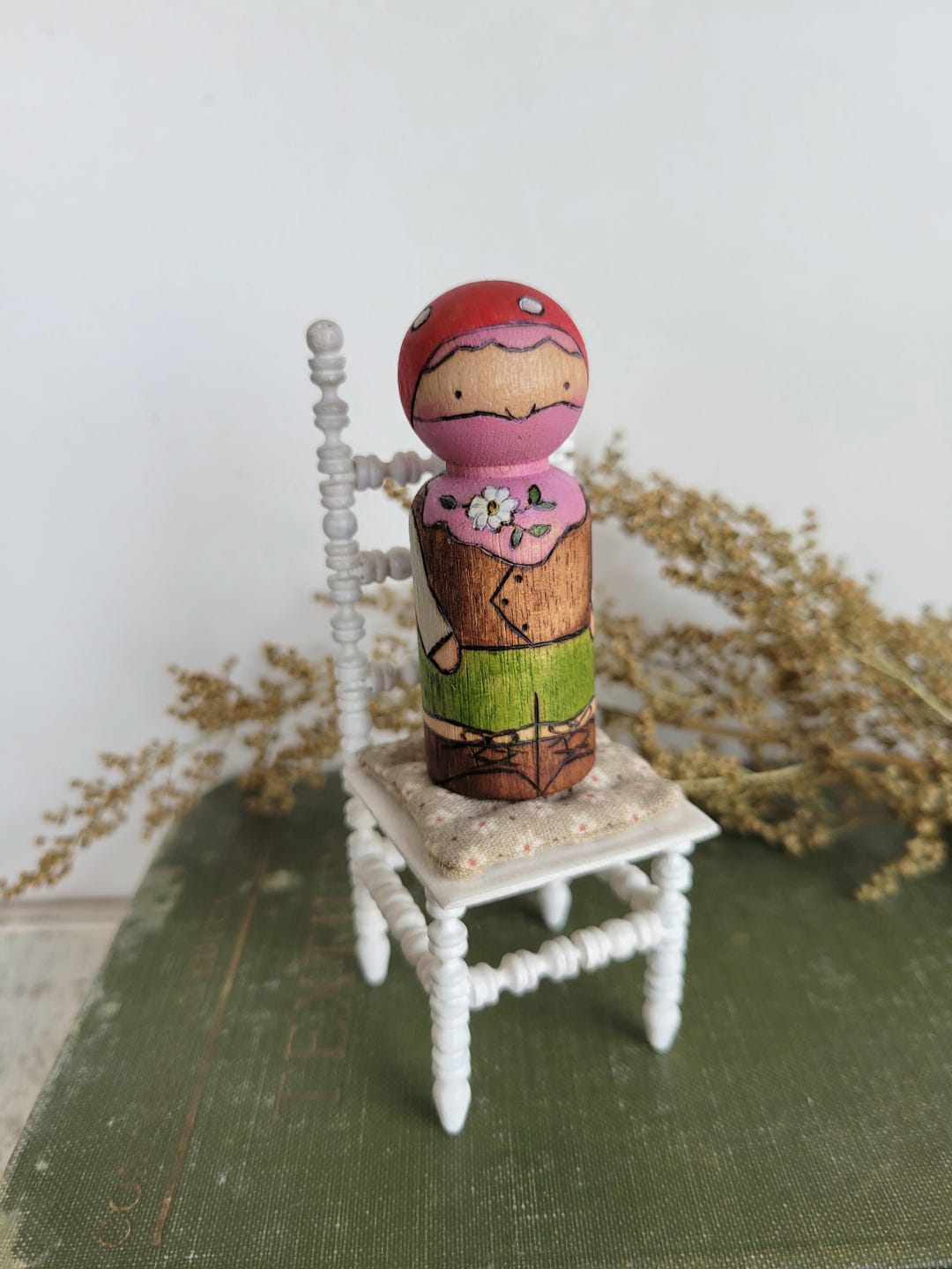 Pink Beard, Mushroom Cap and a Daisy - Wooden Peg Doll - Hand Wood ...