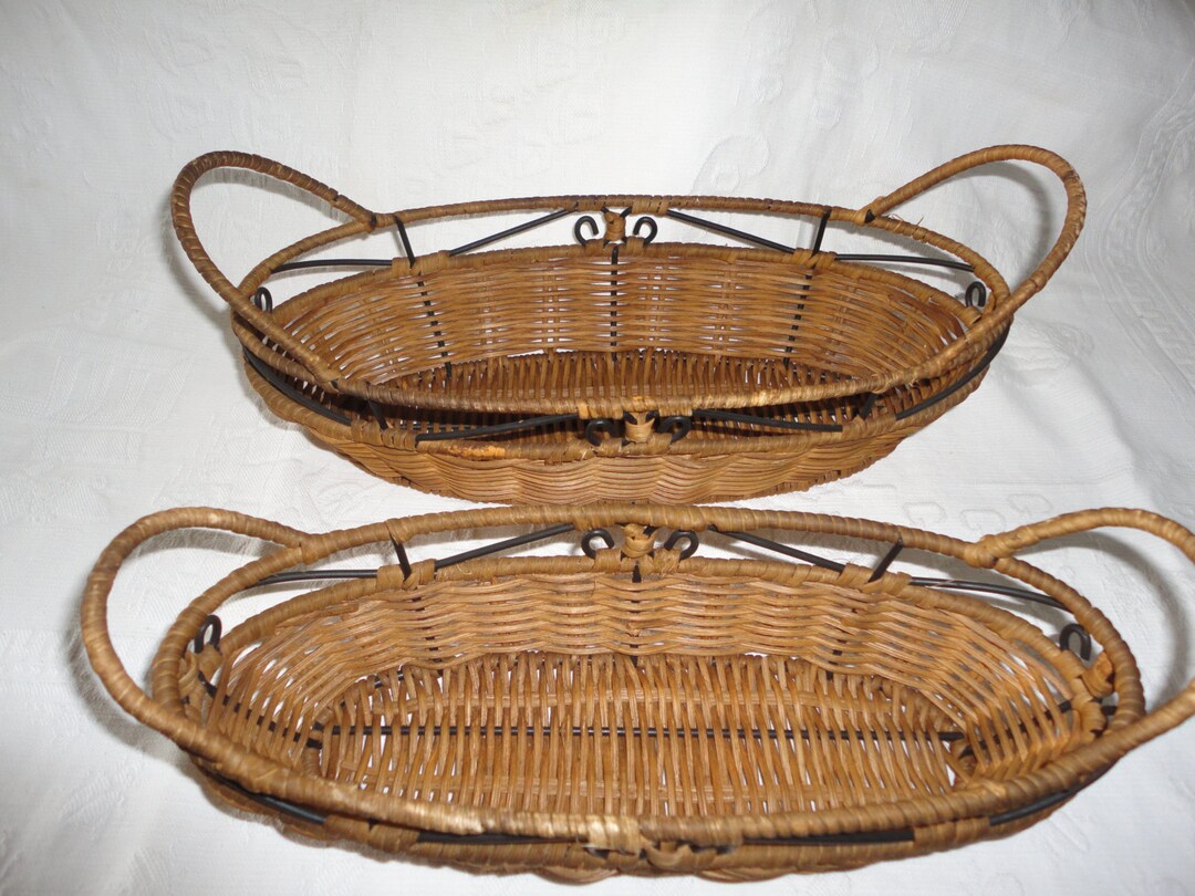 Wicker Woven Serving Nesting Baskets Metal Oblong Shape Vintage Set of ...