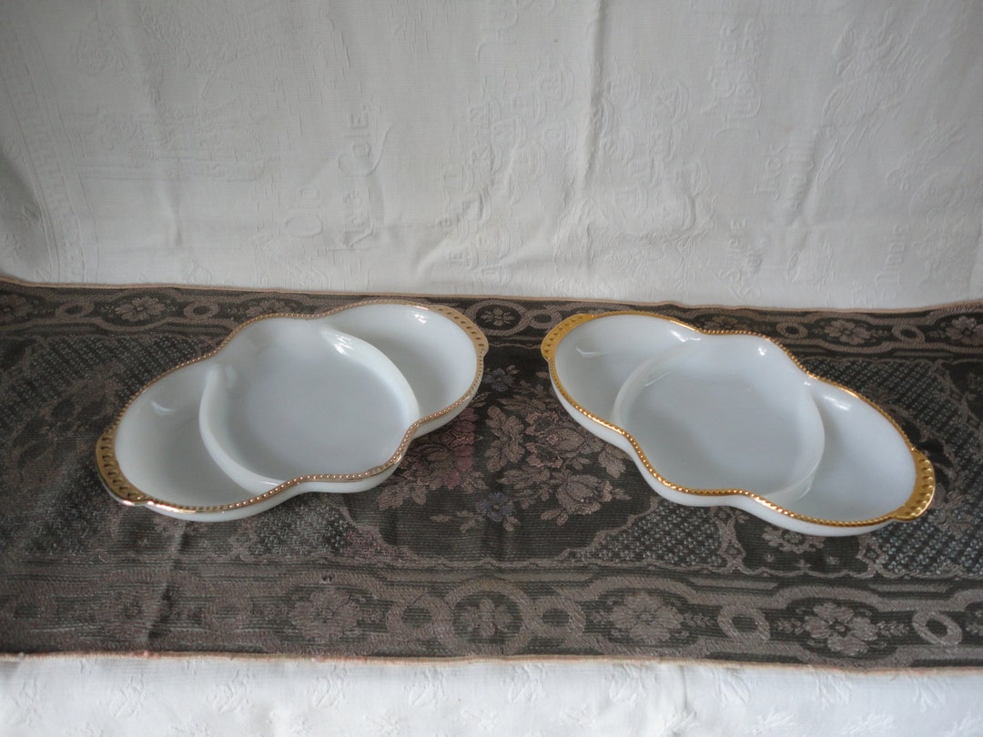 Fire King USA Oven Ware White Milk Glass Gold Trim Serving Dish Platter ...