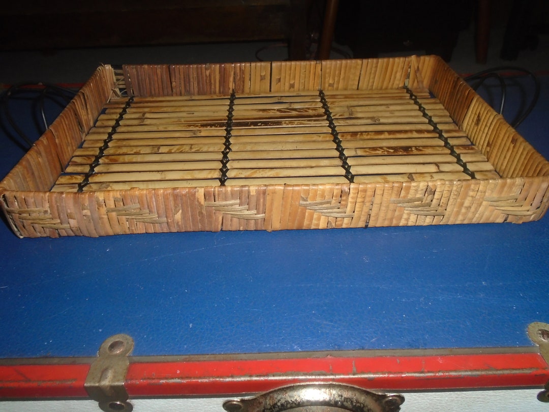 Vintage Split Bamboo Serving Tray Rectangular Shape With Metal Handles
