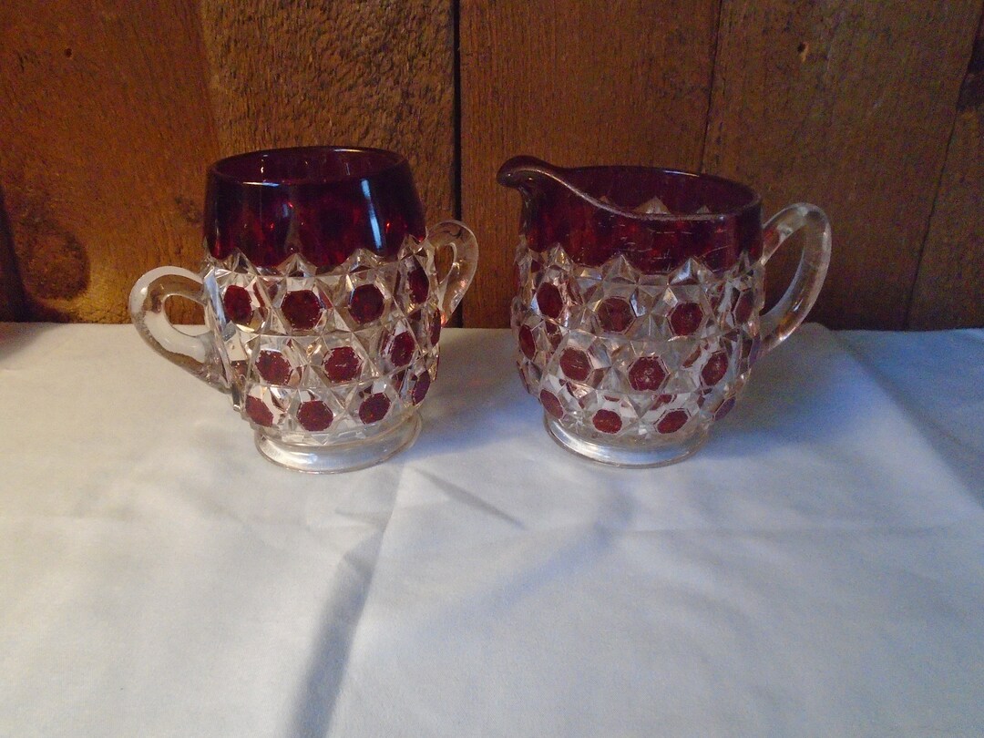 Antique Ruby Red Block Pattern Open Sugar Dish and Creamer Pitcher - Etsy