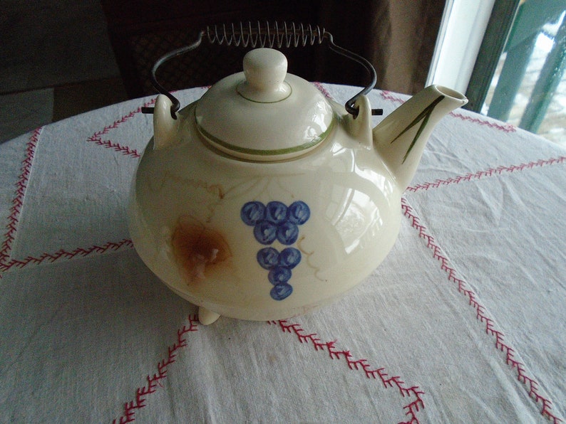 Vintage Fruit Motif Teapot Wire Bail Handle Porcelain Kitchen - Etsy