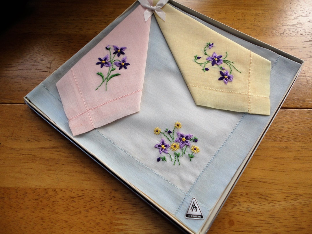 Embroidered Floral Pink Blue Yellow Cotton Handkerchiefs Boxed Vintage ...