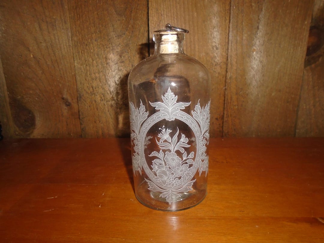 Vintage Floral Leaf Etched Glass Decanter Bottle With Cork Silver Metal Stopper - Etsy