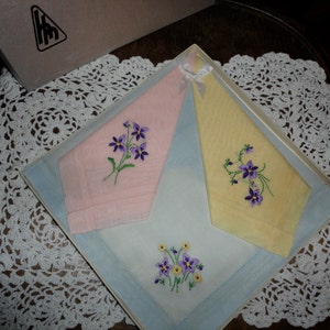 Embroidered Floral Pink Blue Yellow Cotton Handkerchiefs Boxed Vintage ...