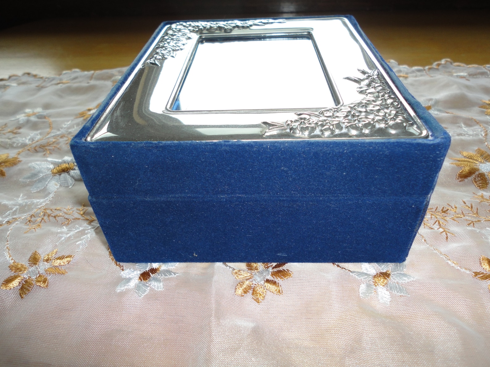Vintage Silver Metal Floral Trim Blue Velvet Satin Jewelry Box - Etsy