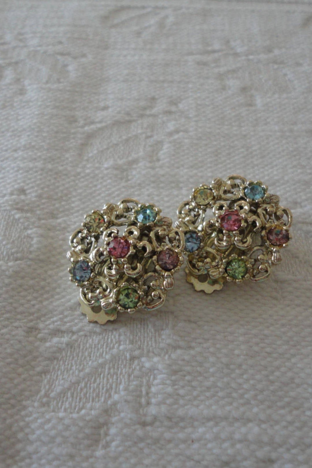 Pastel Multi Rhinestone Earrings Round Gold Tone Clip on Ladies Jewelry ...