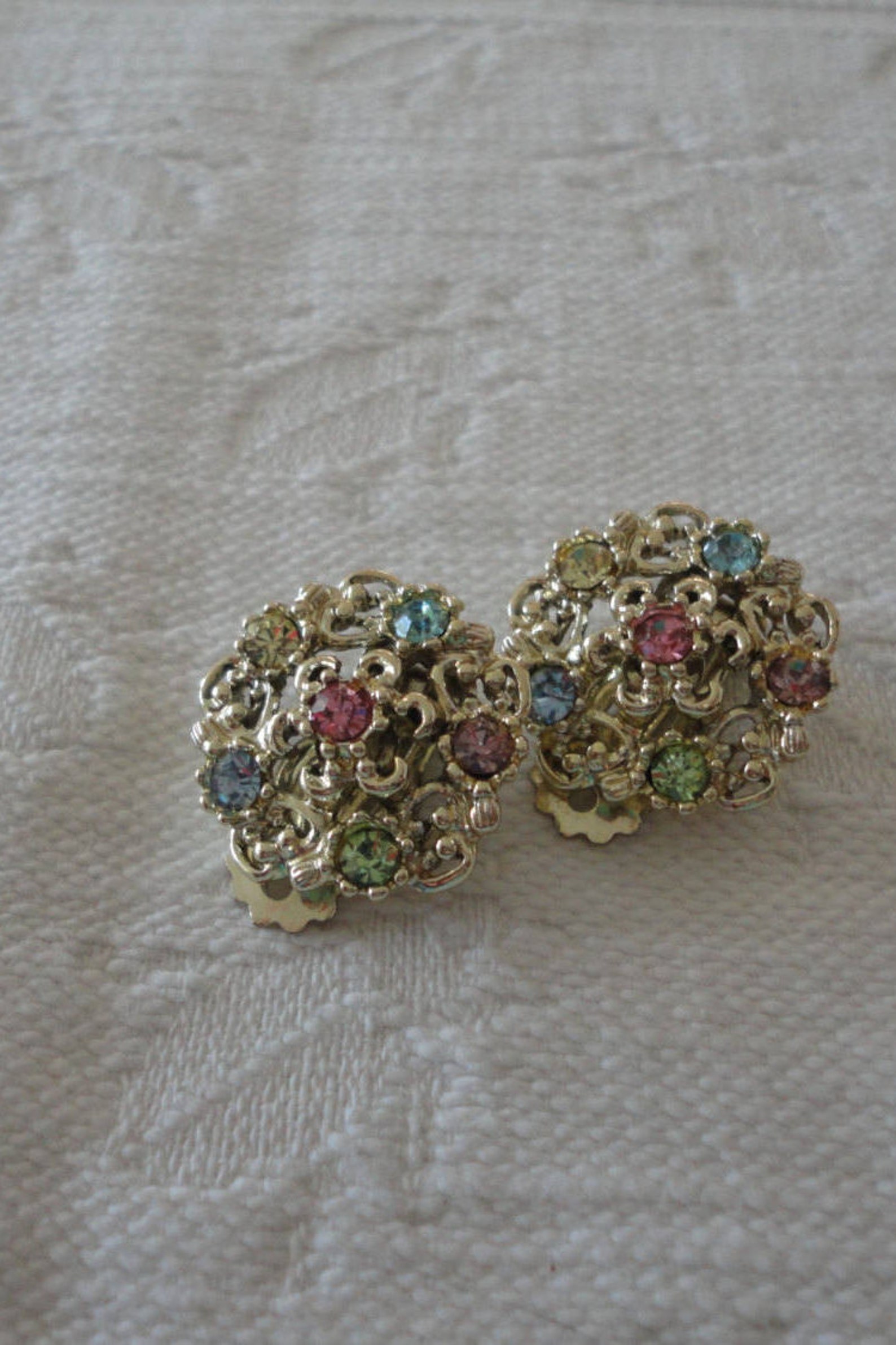 Pastel Multi Rhinestone Earrings Round Gold Tone Clip on - Etsy