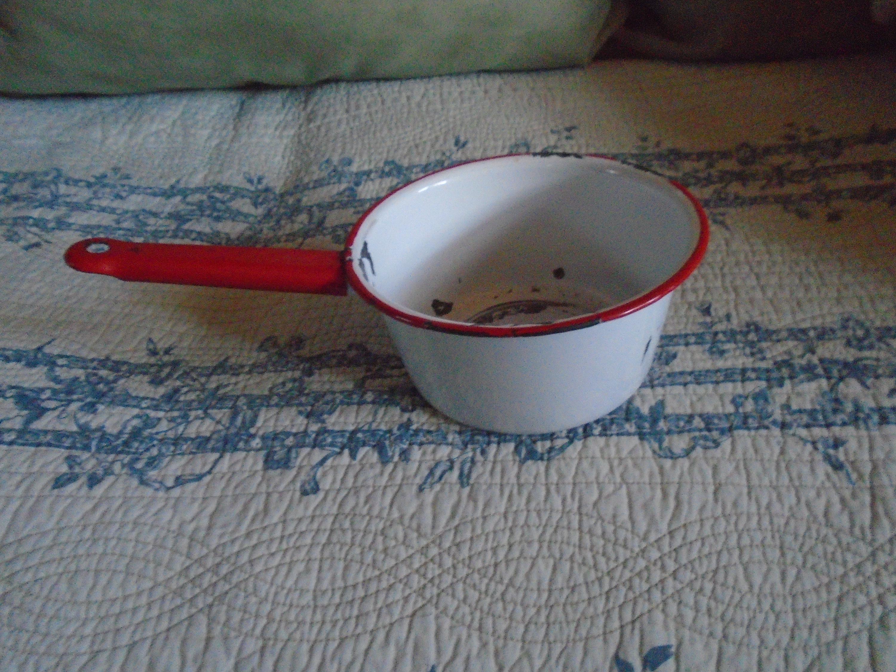 Vintage Chippy Enamelware Red Trim Sauce Pan - Etsy