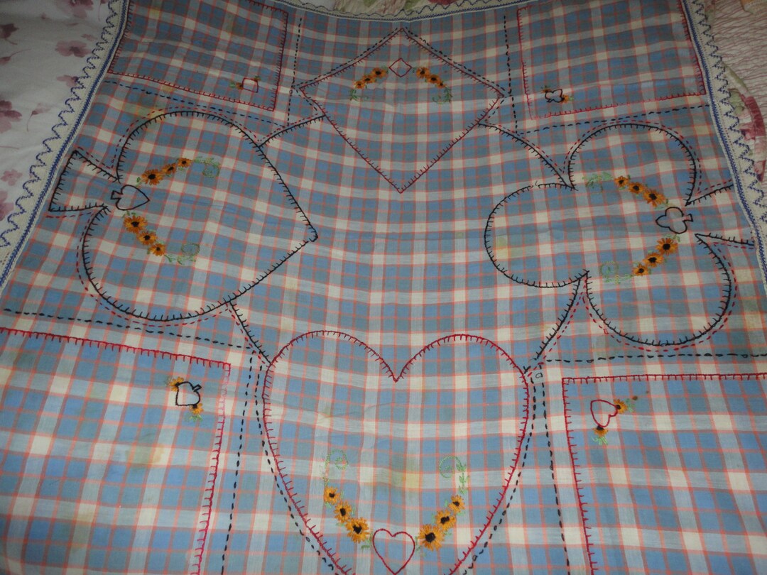 Table Cloth Hand Embroidered Card Game Theme Vintage Linen - Etsy