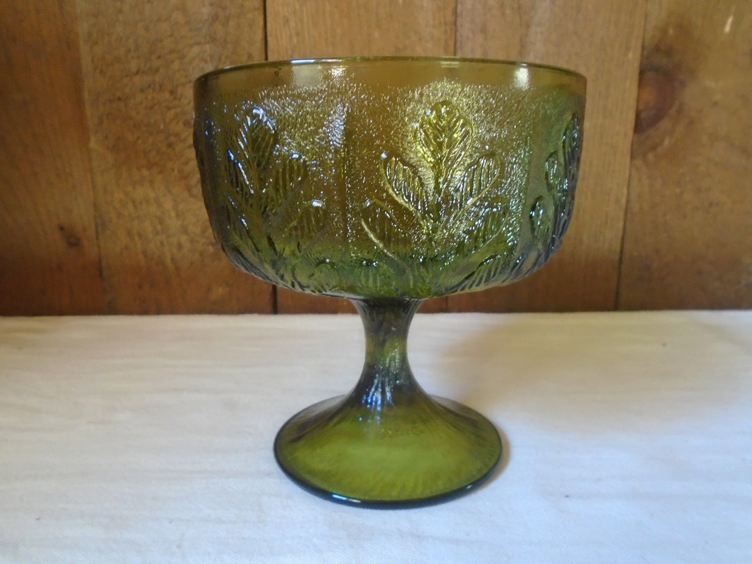 Vintage Indiana Green Glass Oak Leaf Pedestal Compote Dish - Etsy