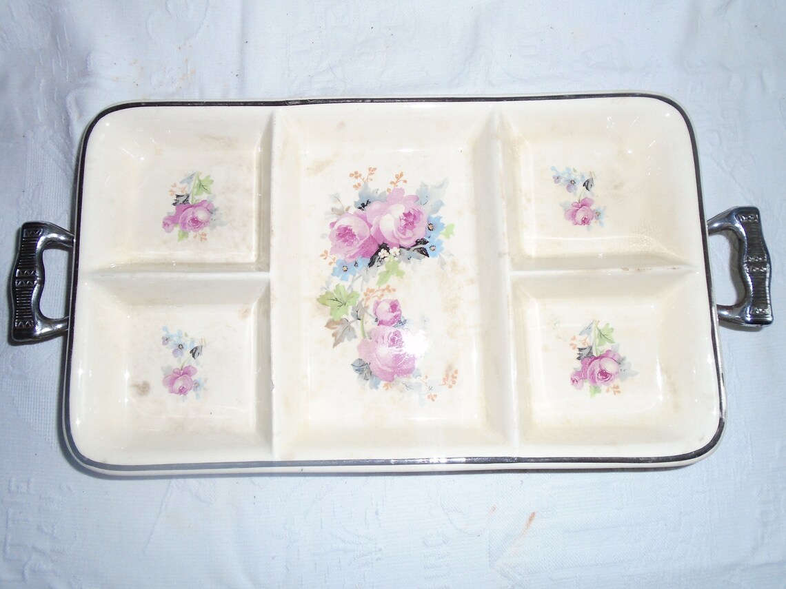 Vintage Floral Porcelain 5 Part Divided Dish Platter With Silver Metal ...