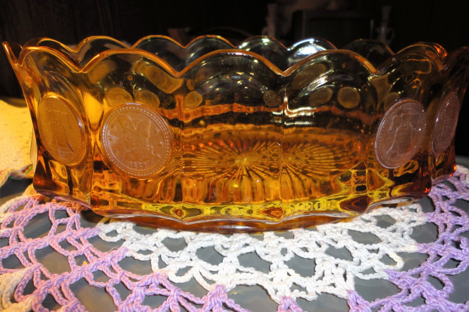 Vintage Pressed Coin Amber Glass Patriotic Oval Bowl Serving - Etsy