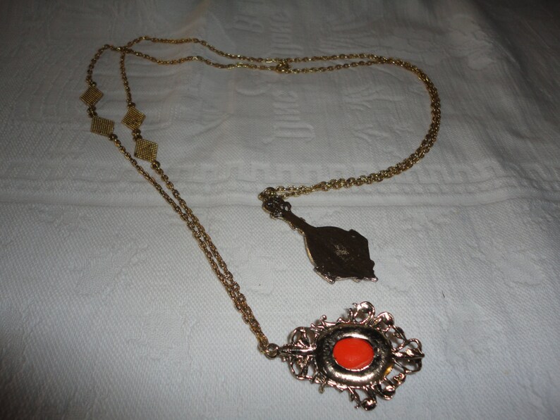 Double Chain Orange Medallion Pendant Necklace Gold Silver Tone Vintage ...