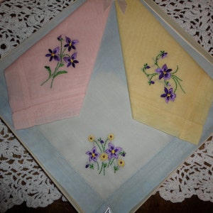 Embroidered Floral Pink Blue Yellow Cotton Handkerchiefs Boxed Vintage ...
