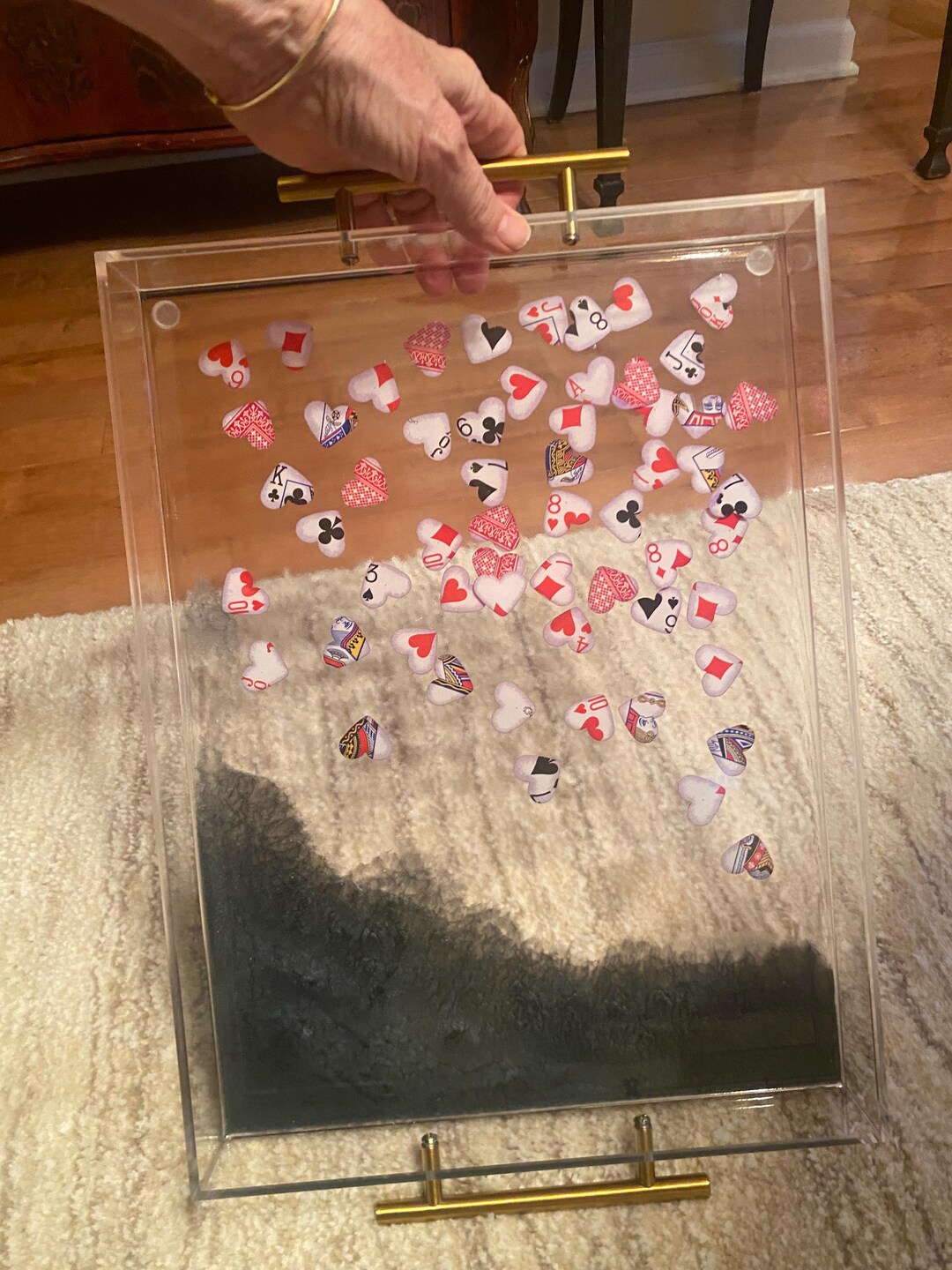 Canasta Acrylic Serving Tray With Gold Handles and Heart Shaped Playing ...