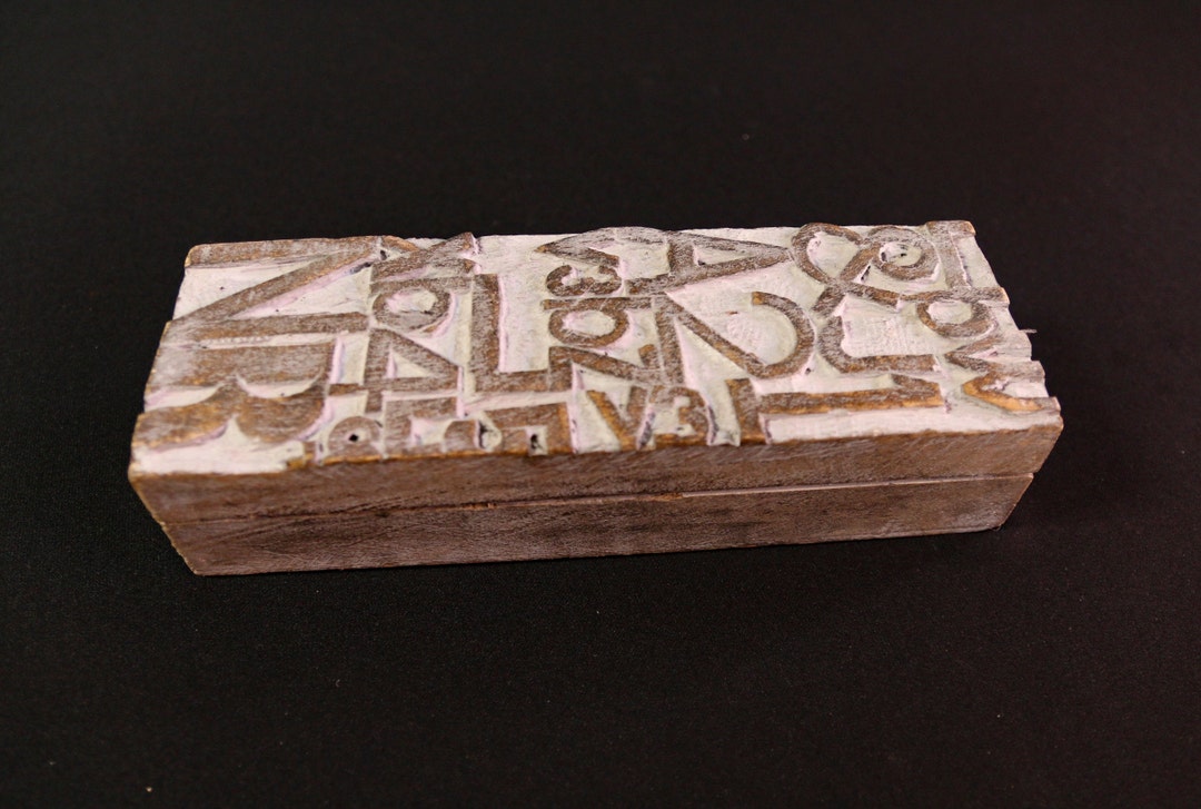 Carved Wood Letter Number Box With Hinges, Abstract Numbers Letters Box ...