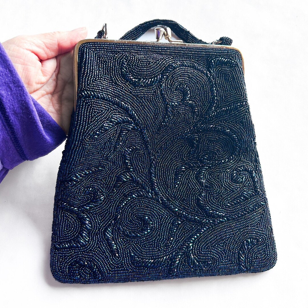 Blue Glass Cobalt Blue Beaded Evening Handbag, Purple Iridescent Beaded ...