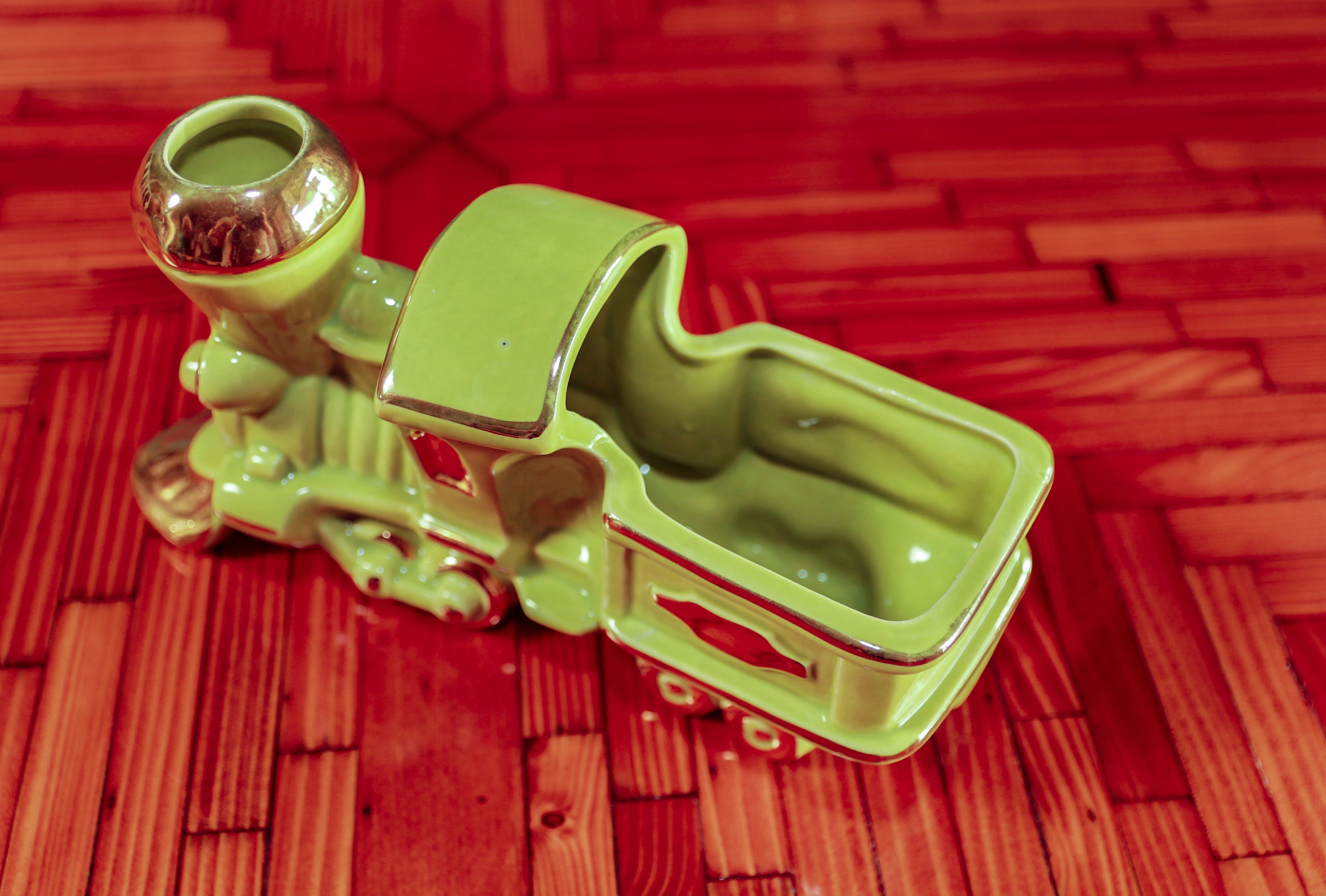 Green Gold Trim Vintage Train Vase Planter Chartreuse | Etsy
